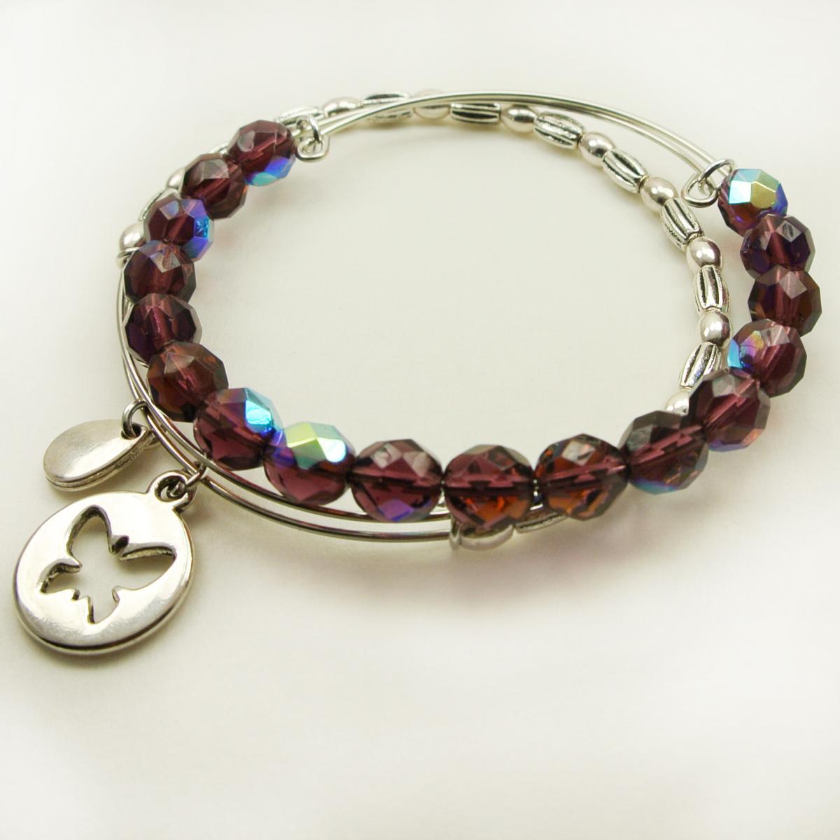 Expandable Bangle Bracelet - Amethyst Shimmer Glass Crystal Beaded ...